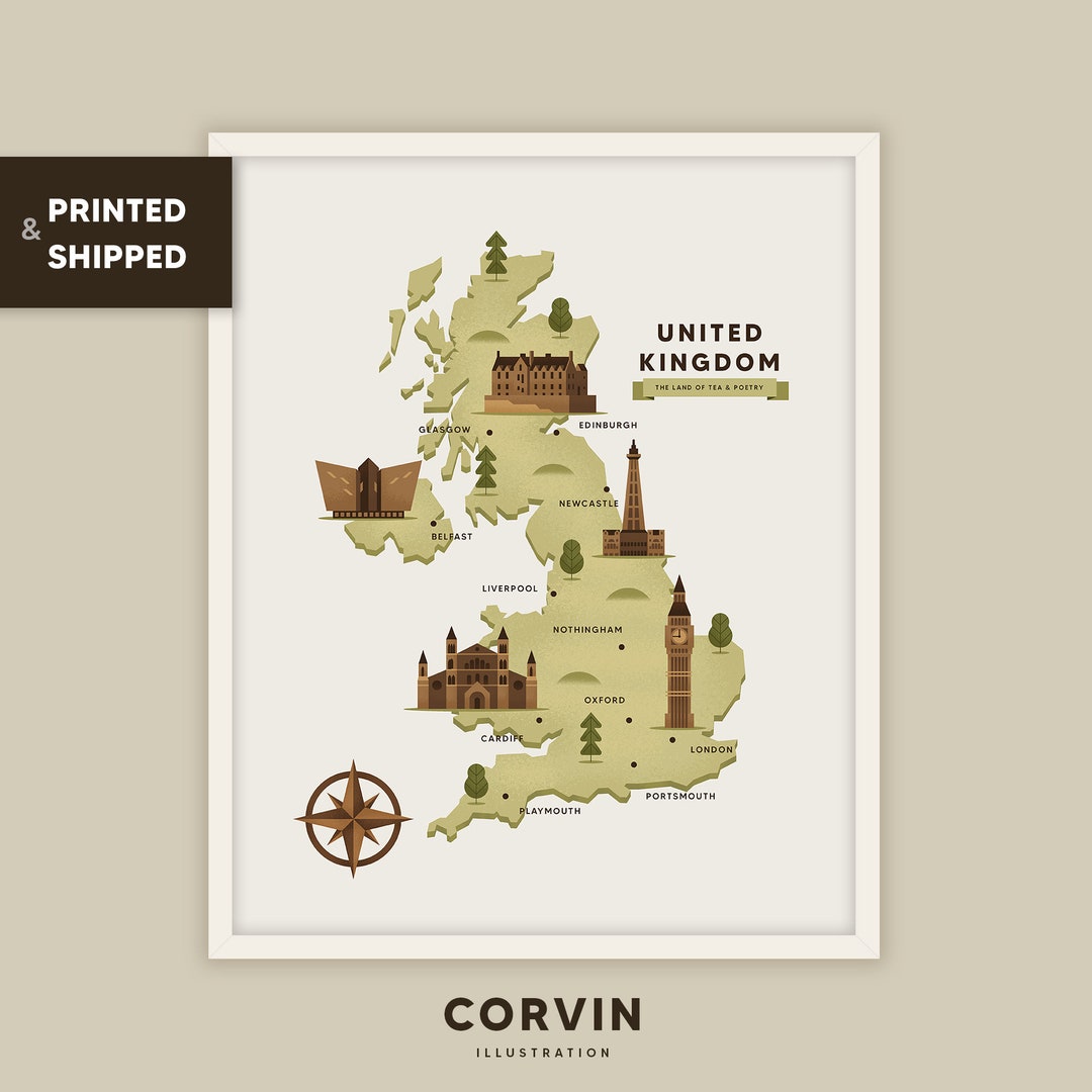 United Kingdom Map Poster, Illustrated Landmarks of England, UK Travel ...