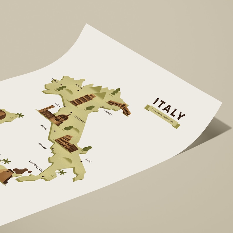 Illustrated Map of Italy, Landmarks Travel Poster, Living Room Wall Art ...