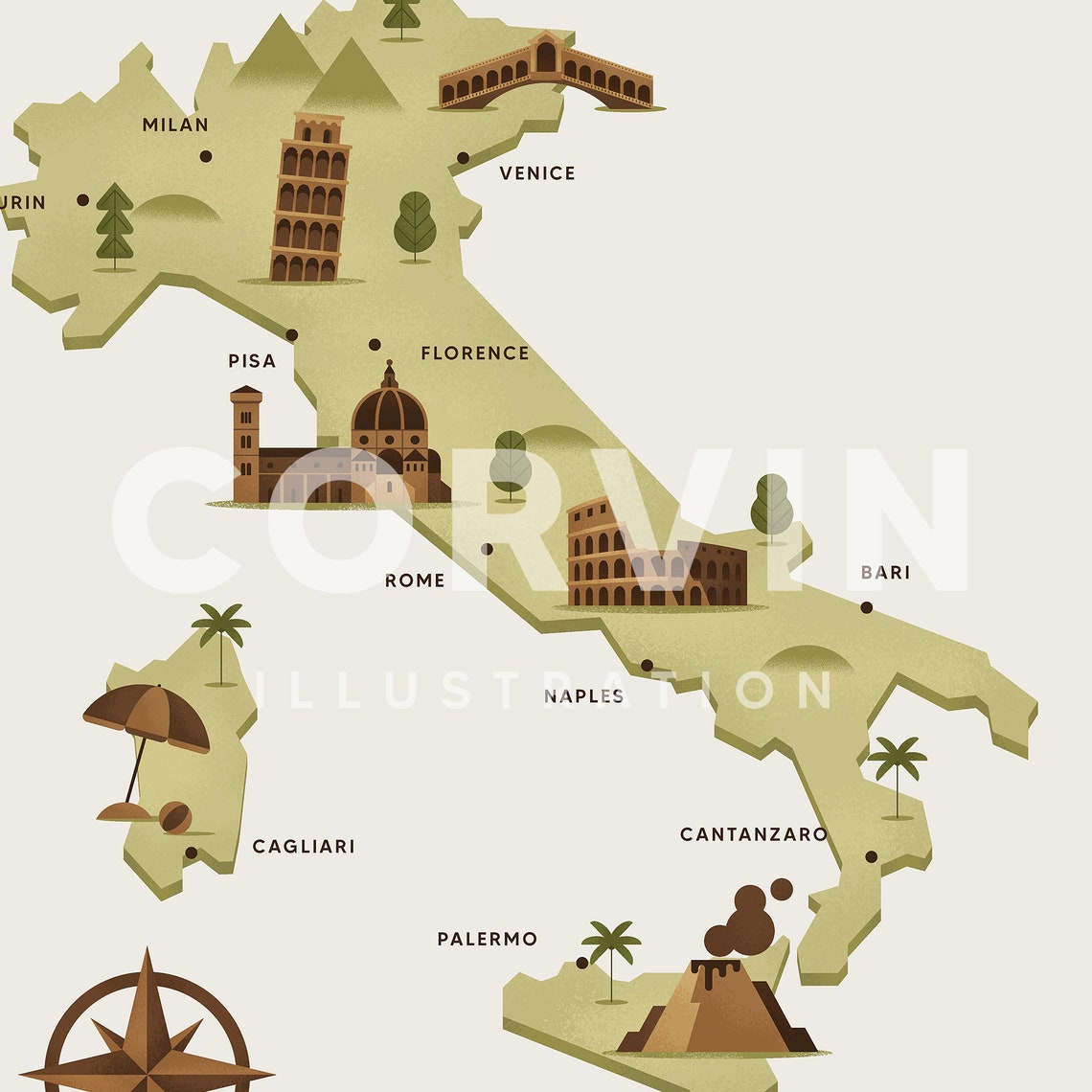 Illustrated Map of Italy, Landmarks Travel Poster, Living Room Wall Art ...