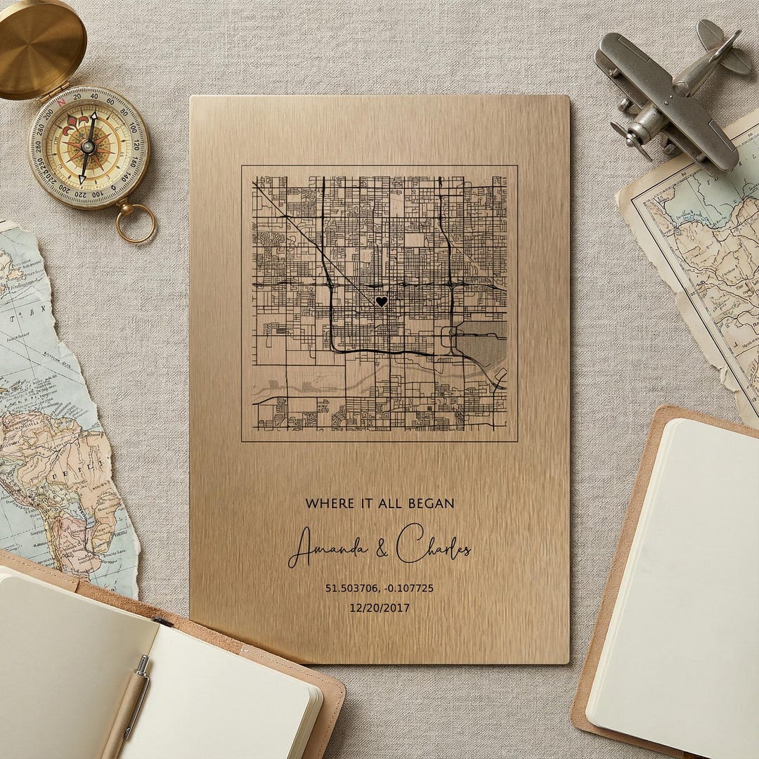 Personalized Metal Map Plaque, Custom Coordinates, Names, Date, 8 Year ...