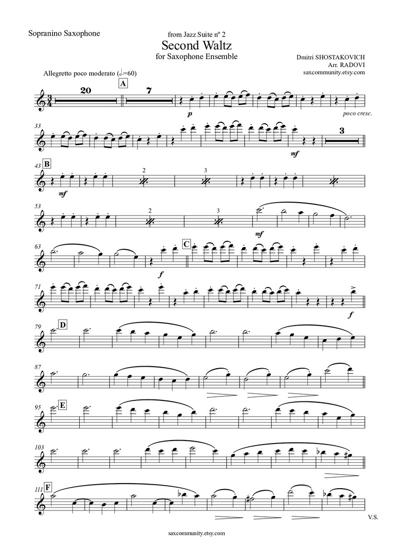 Second Waltz From Jazz Suite Nº2 by Dmitri Shostakovich for Saxophone ...