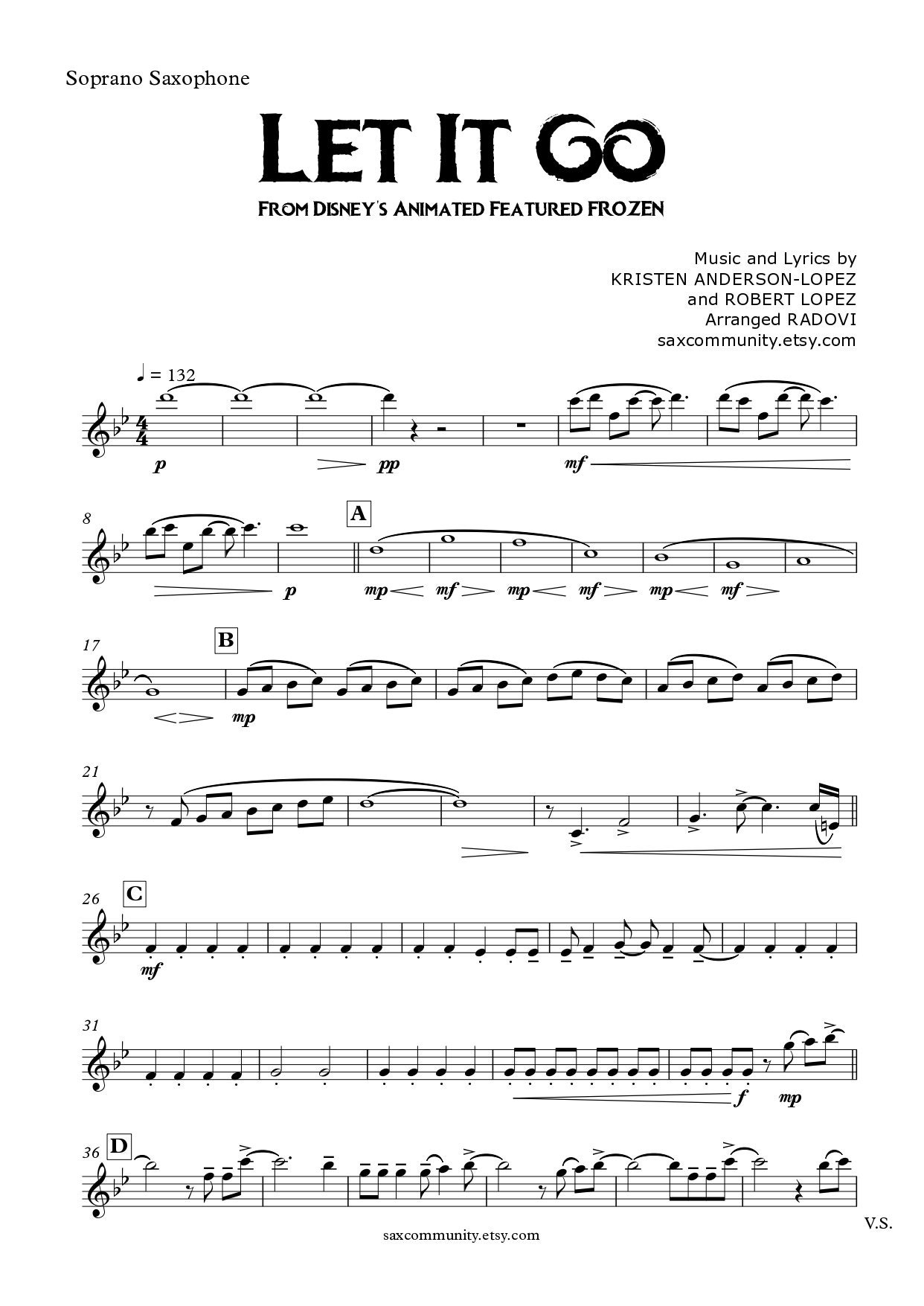 Let It Go FROZEN Short Version for Saxphone Quartet - Etsy