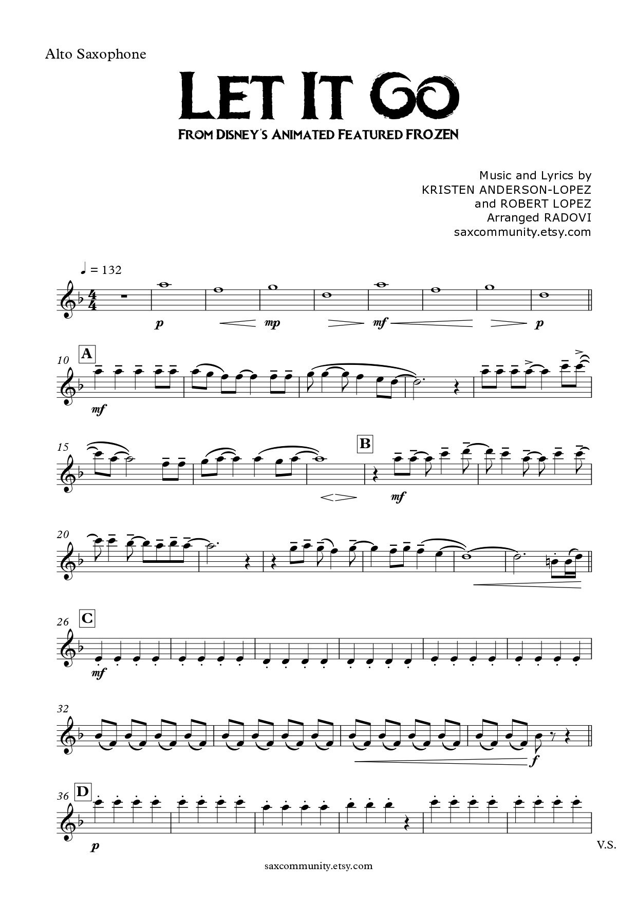 Let It Go (FROZEN), Short Version for Saxphone Quartet (SATB) - Etsy