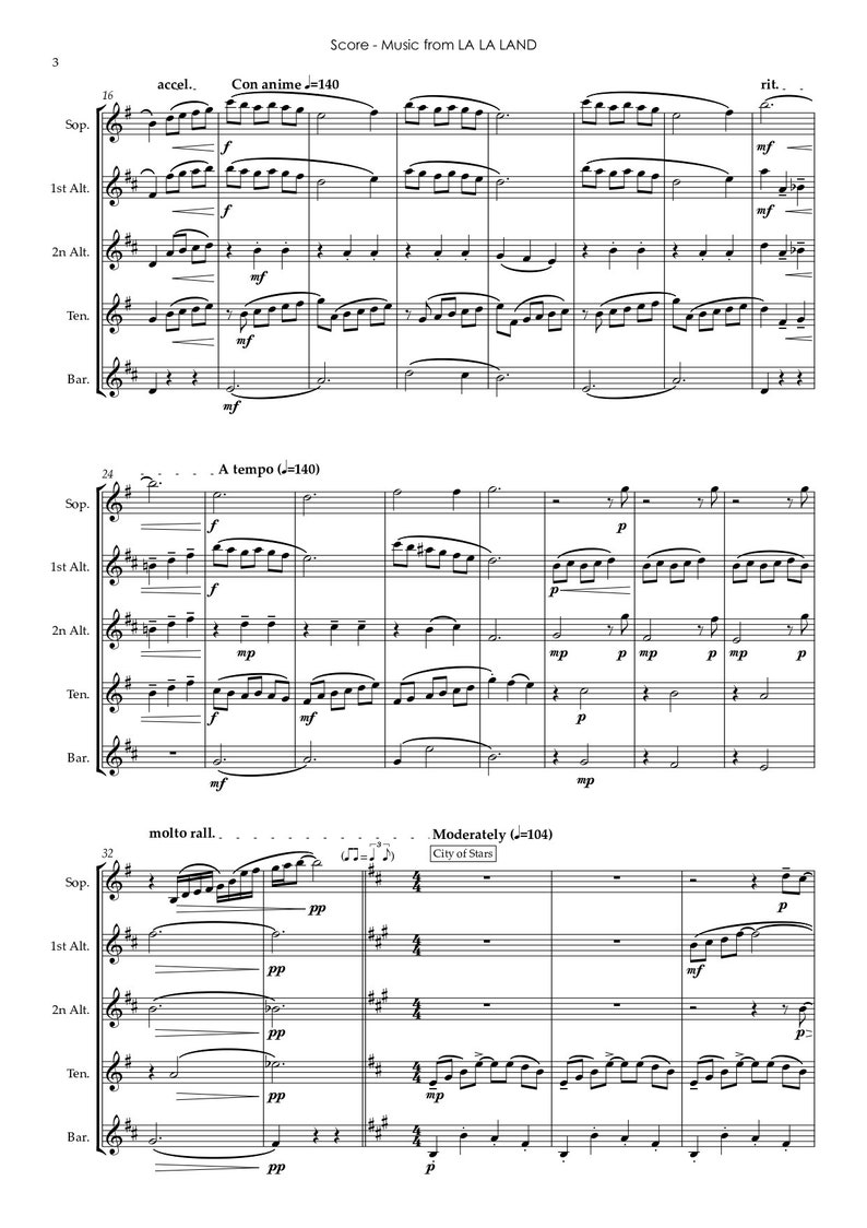 La La LAND by Justin Hurwitz for Saxophone Quintet (SAATB) - Etsy