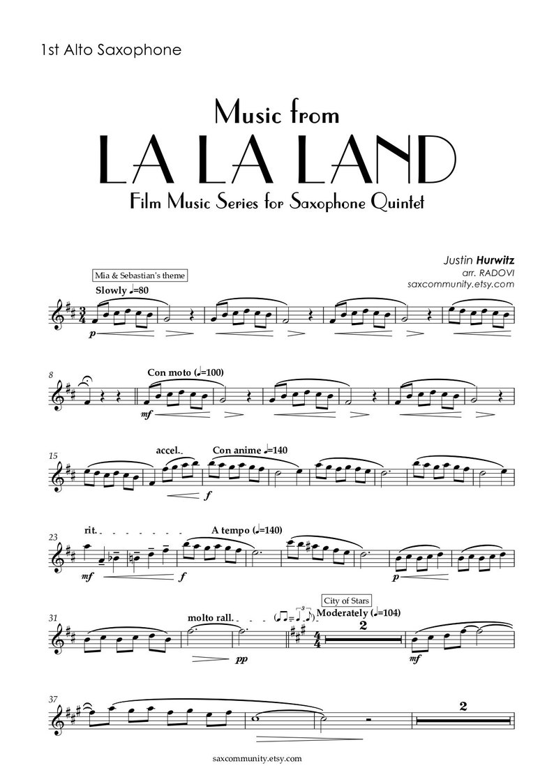La La LAND by Justin Hurwitz for Saxophone Quintet (SAATB) - Etsy
