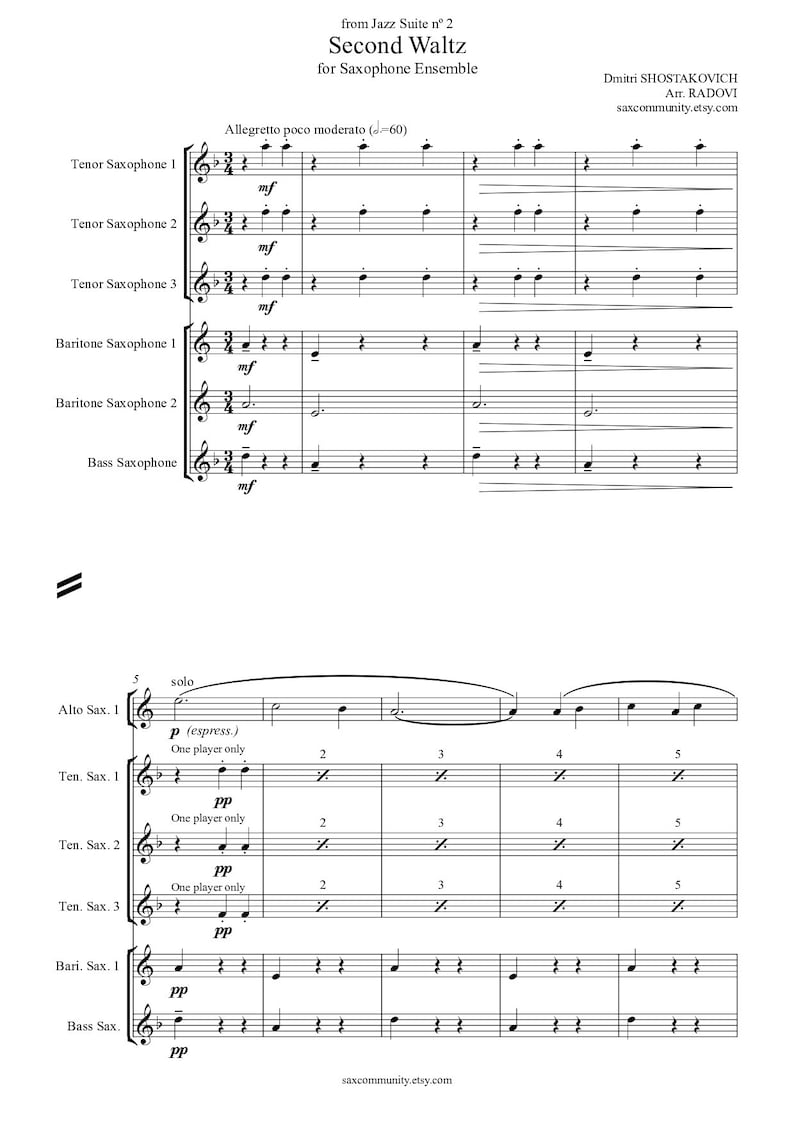 Second Waltz From Jazz Suite Nº2 by Dmitri Shostakovich for Saxophone ...