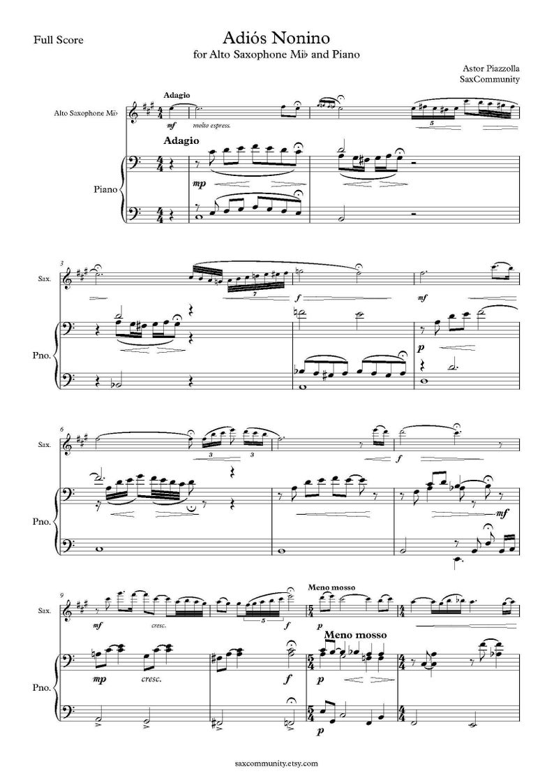 Goodbye Nonino (astor Piazzolla) for Alto Saxophone & Piano - Etsy