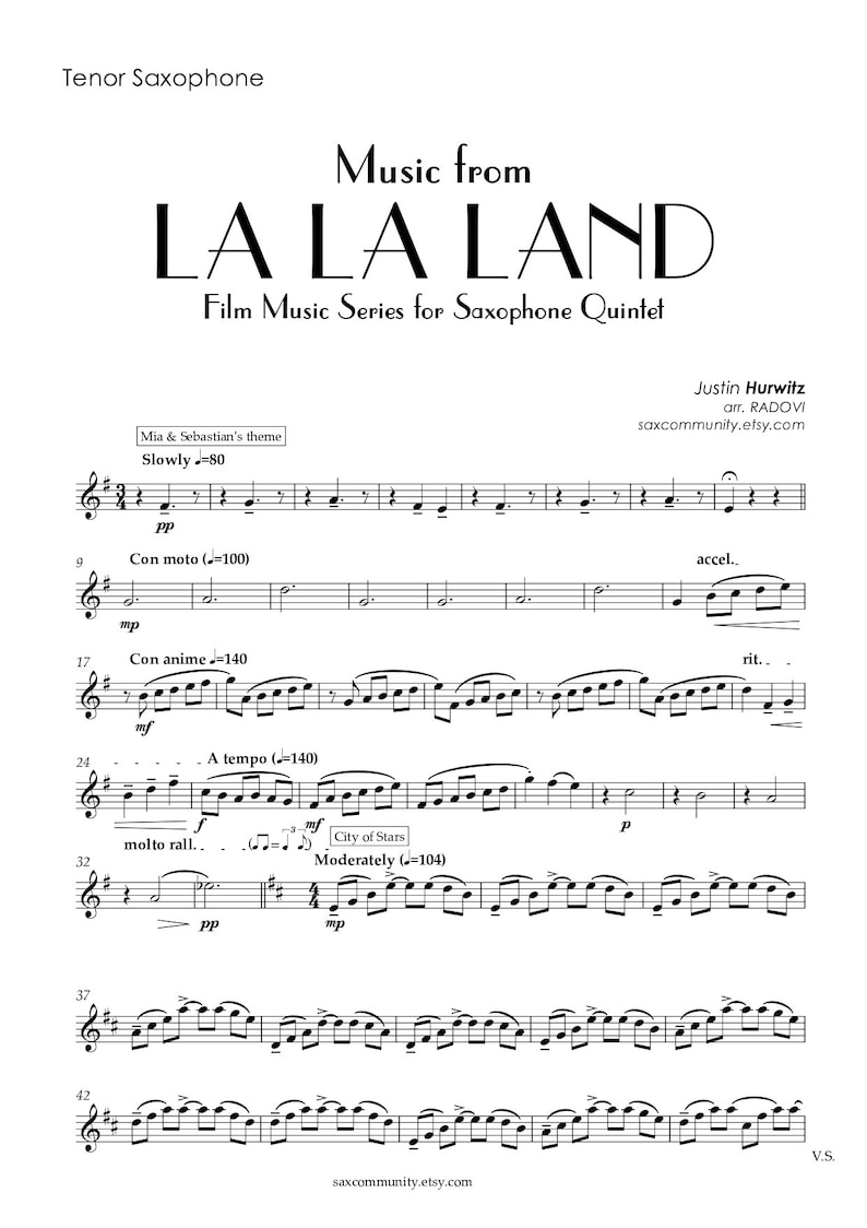 La La LAND by Justin Hurwitz for Saxophone Quintet (SAATB) - Etsy