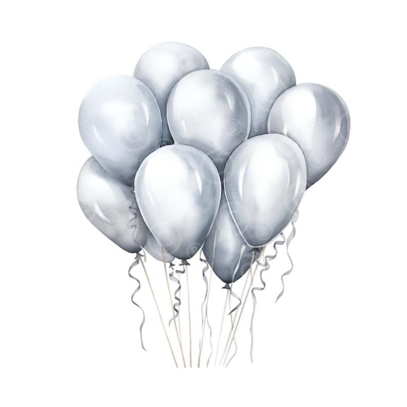 5 Silver Balloons Clipart PNG Watercolour Balloons Perfect for Birthday ...