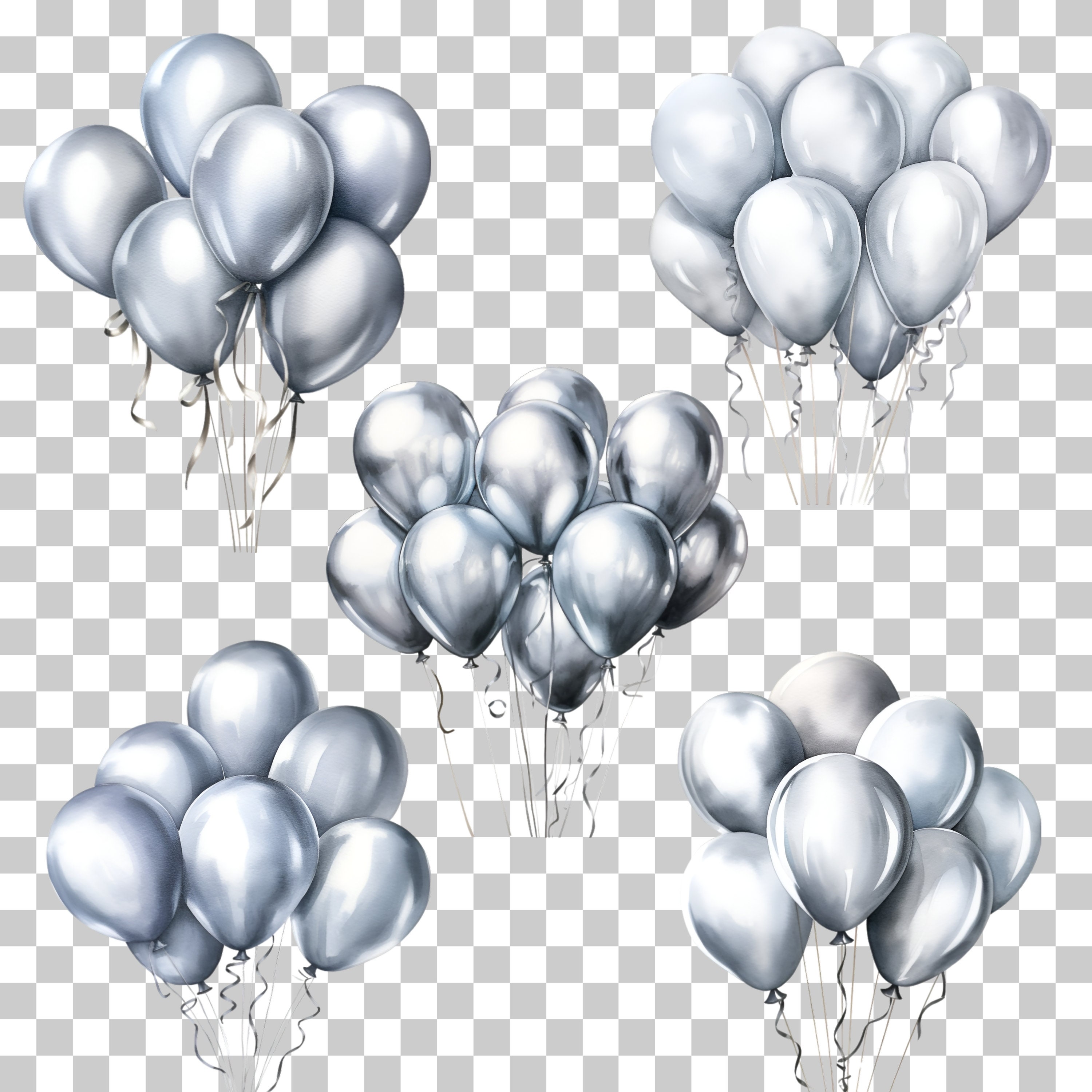 5 Silver Balloons Clipart PNG Watercolour Balloons Perfect for Birthday ...