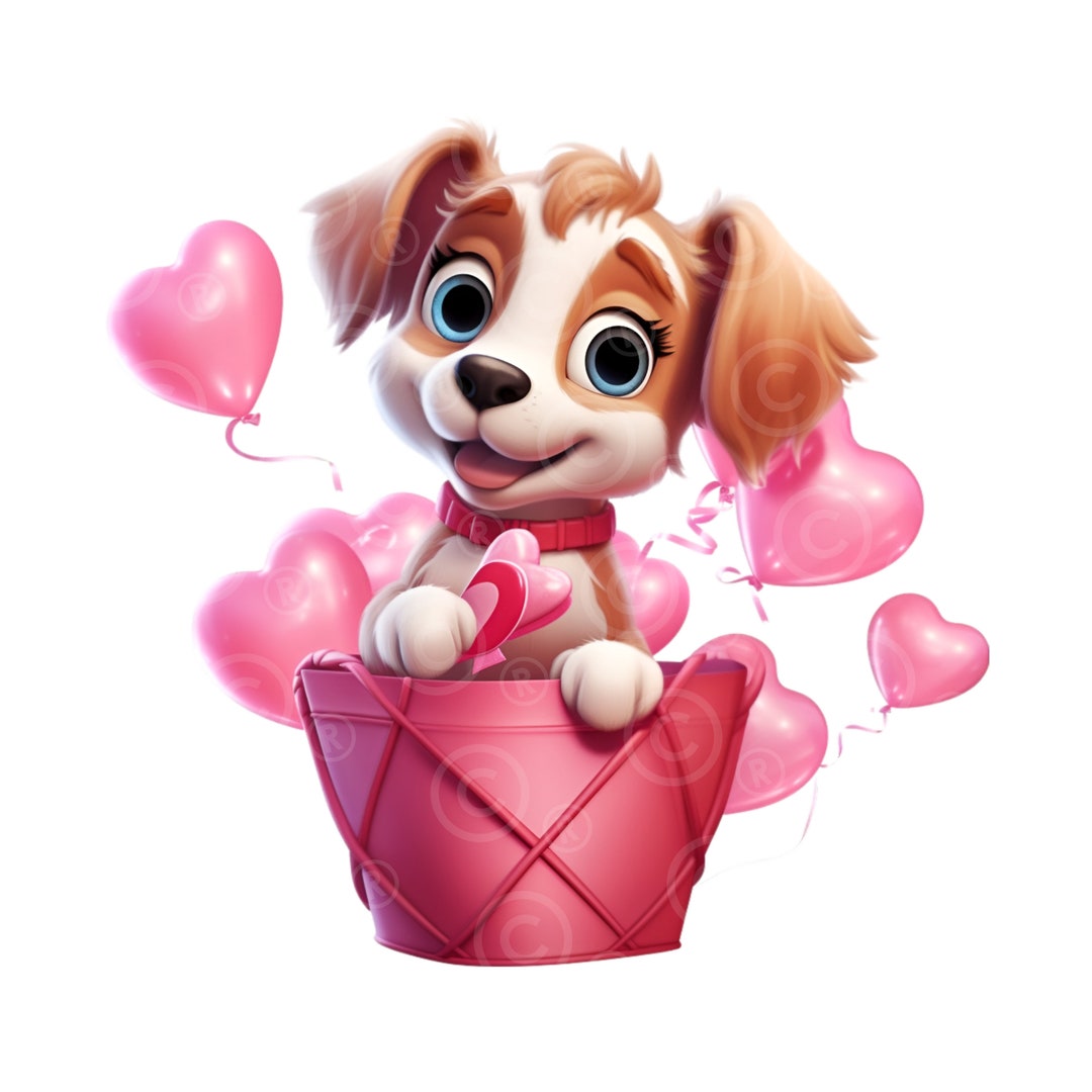 Pink Valentine's Day Dog Clipart Cute Puppy PNG Files for Card Designs ...