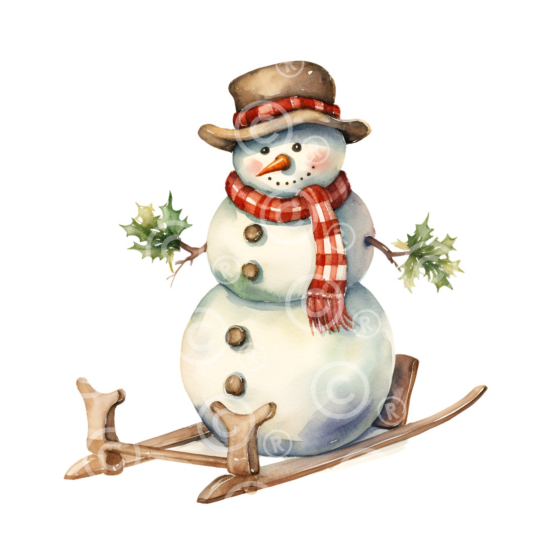 Winter Watercolor Snowman Skiing Christmas Clipart PNG, JPG, for ...