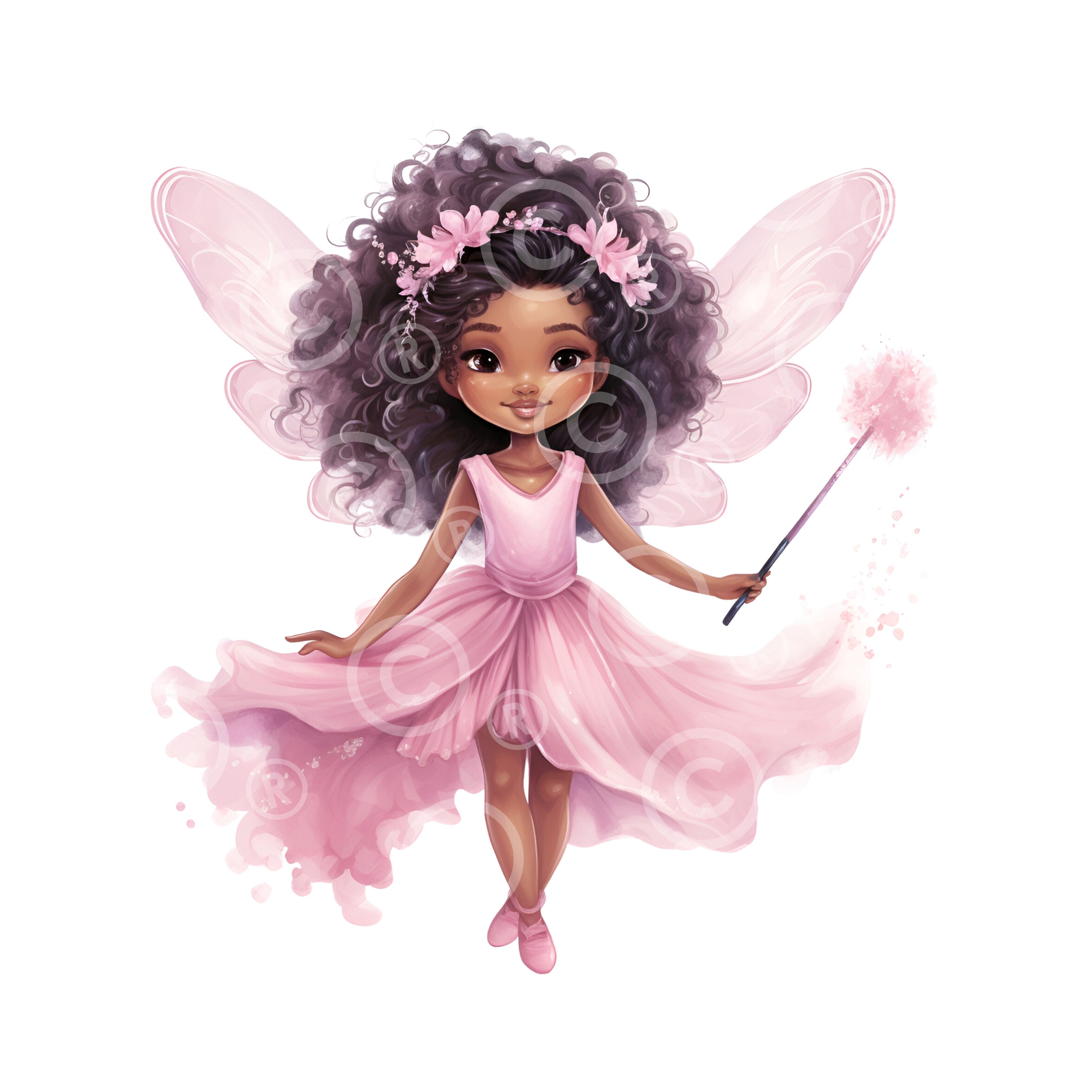 6 Cute Black Fairy Clipart Dressed in Pink, Beautiful Dark Skin Fairies ...