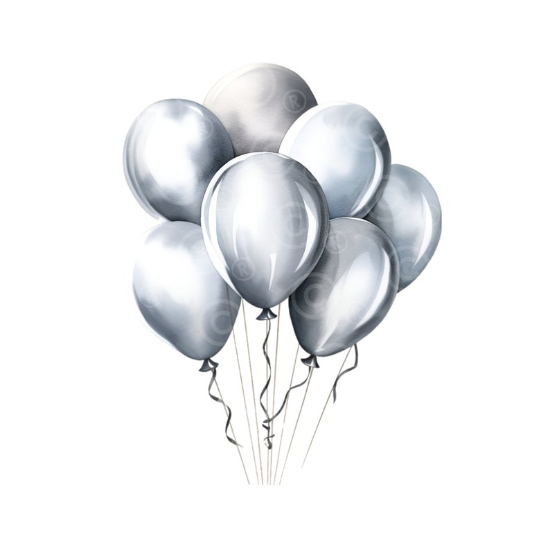 5 Silver Balloons Clipart PNG Watercolour Balloons Perfect for Birthday ...