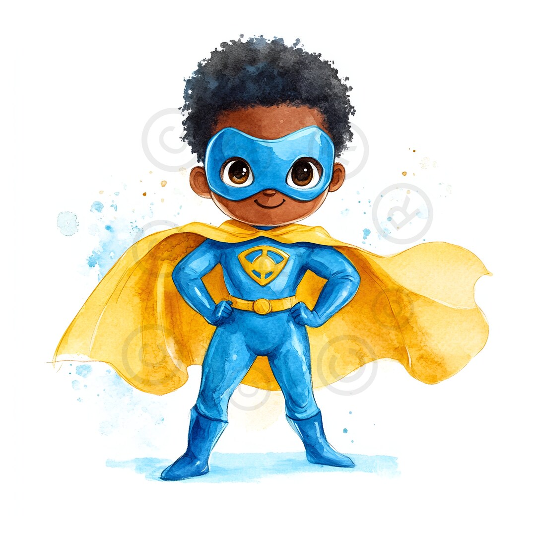 6 Cute Black Super Hero Boy, Beautiful Dark Skin Superhero PNG 300dpi ...
