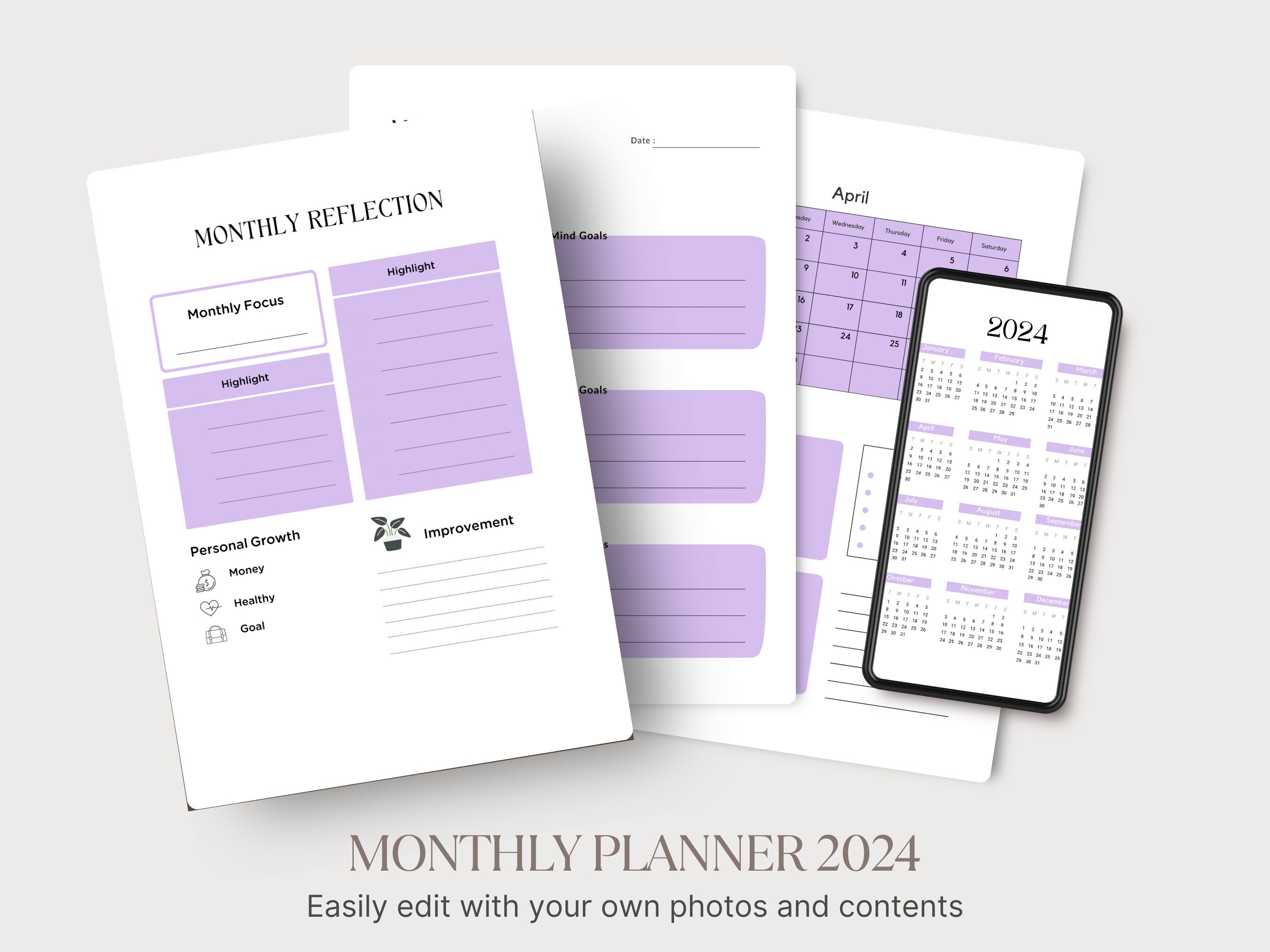 Printable Dated Monthly Purple 2024 Calendar Planner, Editable Canva ...
