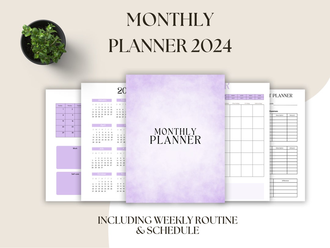 Printable Dated Monthly Purple 2024 Calendar Planner, Editable Canva ...