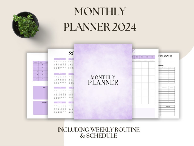 Printable Dated Monthly Purple 2024 Calendar Planner, Editable Canva ...