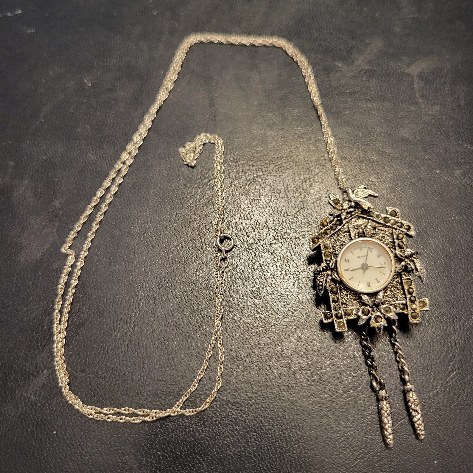 Vintage Marcasite Coco Clock Pendant/pin Necklace on Sterling Silver 28 ...