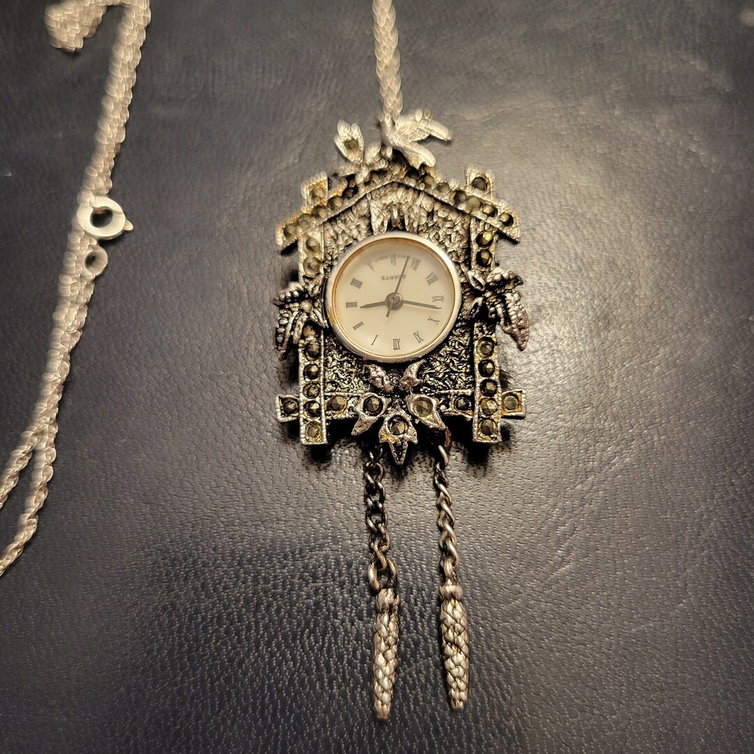 Vintage Marcasite Coco Clock Pendant/pin Necklace on Sterling Silver 28 ...