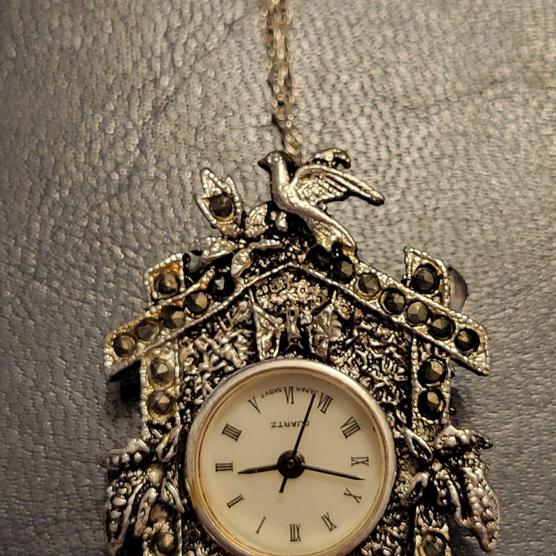 Vintage Marcasite Coco Clock Pendant/pin Necklace on Sterling Silver 28 ...