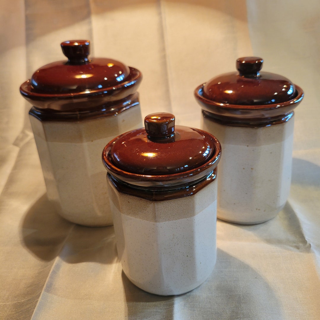 1970's Ceramic ROC Stoneware Canisters 3 Tone Brown, Tan Cream With ...
