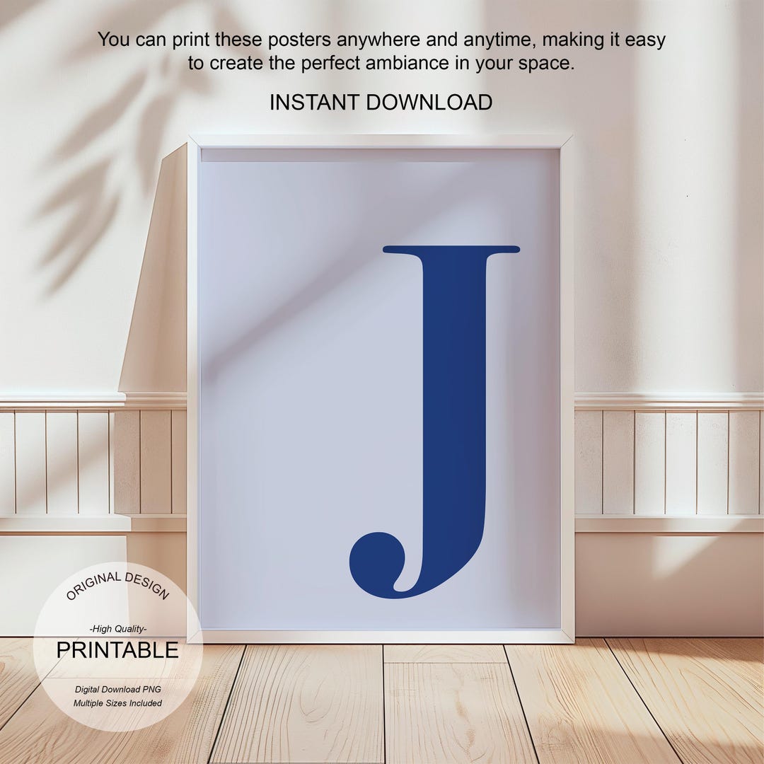 Blue Wall Art, Letter J Poster, Preppy Room Decor, J Initial Print Cute ...