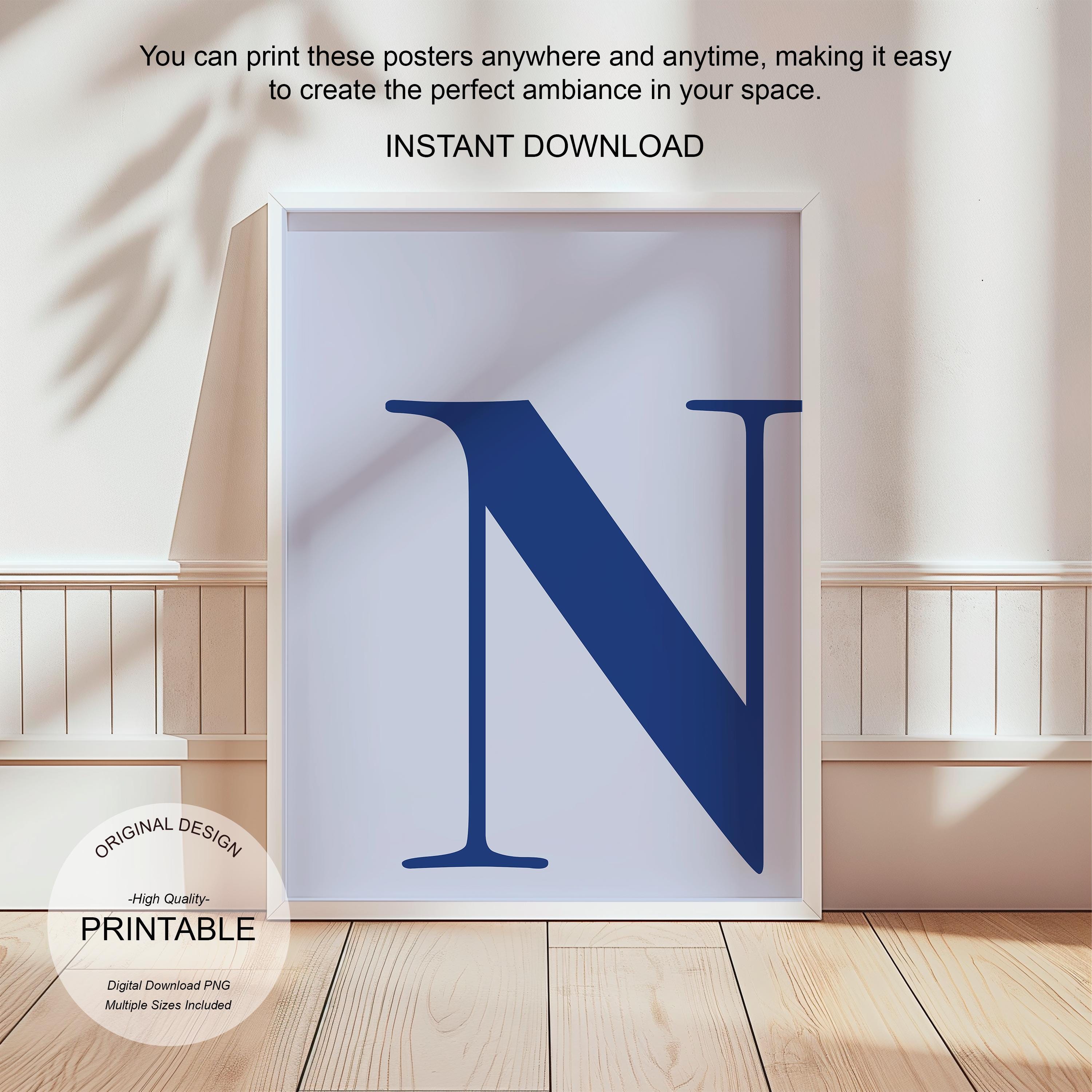 Blue Wall Art, Letter N Poster, Preppy Room Decor, N Initial Print Cute ...