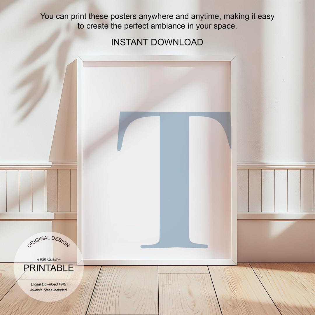Blue Wall Art, Letter T Poster, Preppy Room Decor, T Initial Print Cute Blue Wall Art Single ...