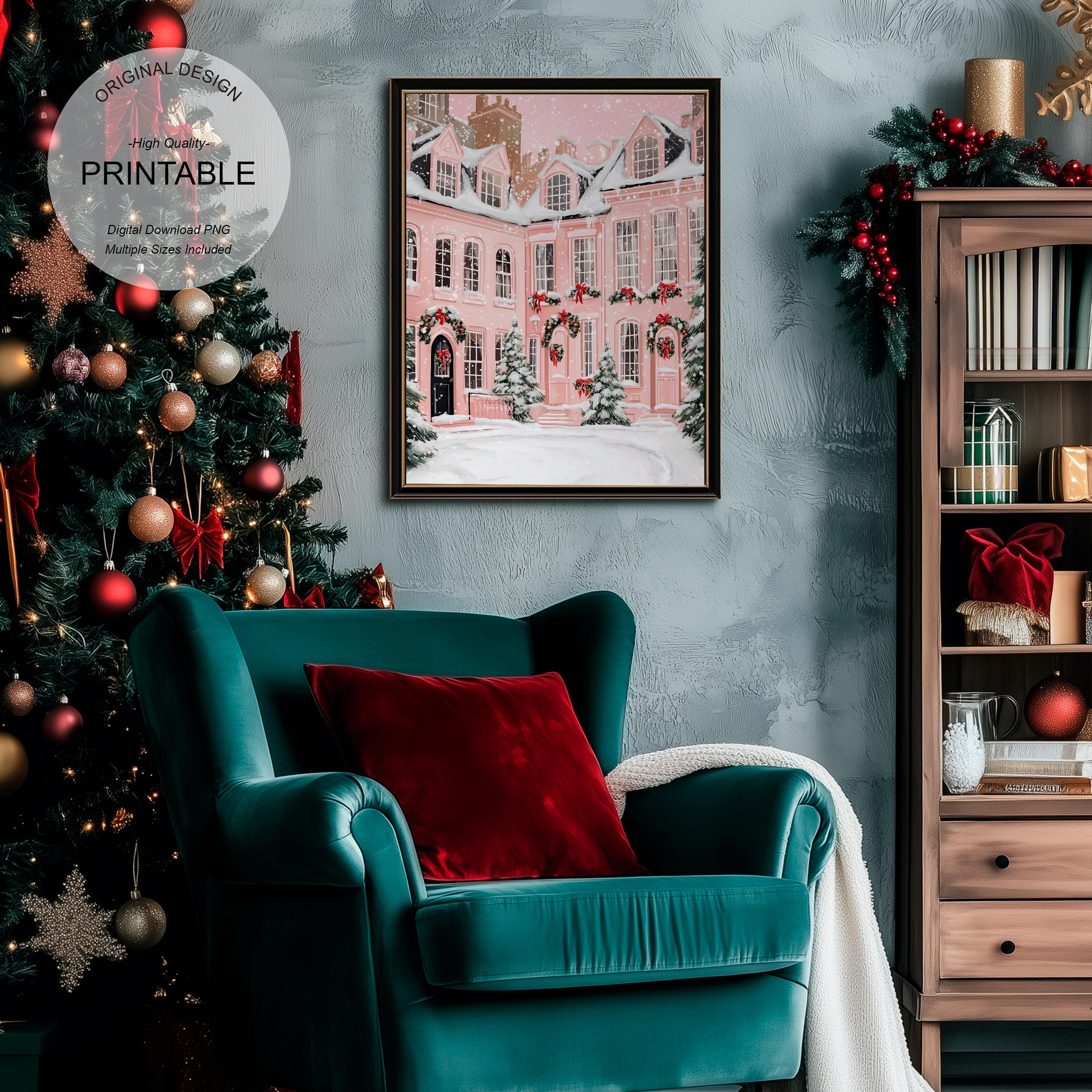 Pink Winter Village Art Print | Trendy Holiday Decor (digital Download ...