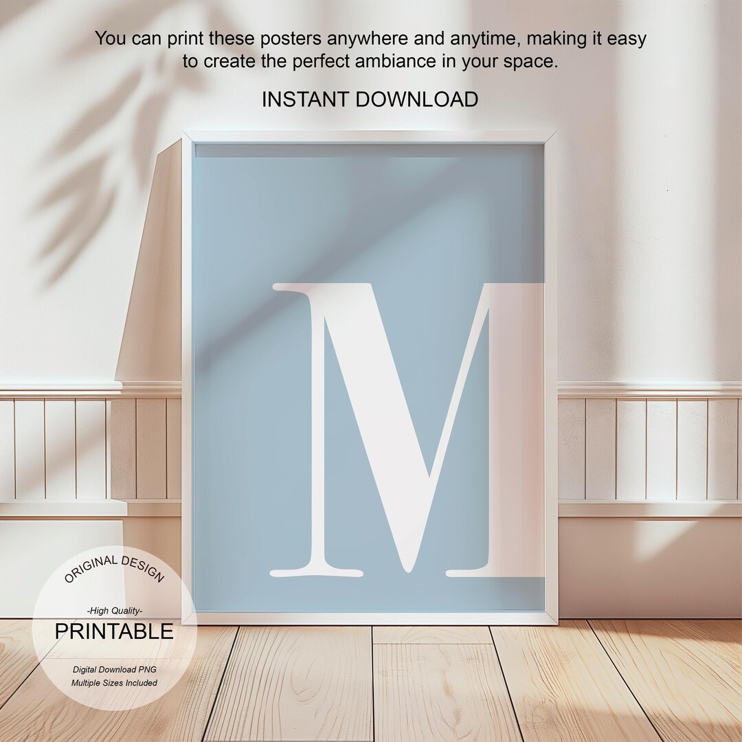 Blue Wall Art, Letter M Poster, Preppy Room Decor, M Initial Print Cute ...