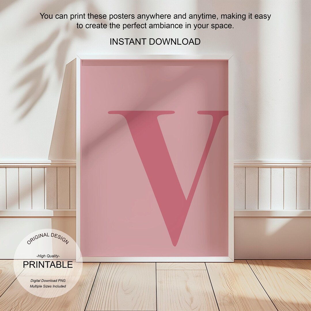 Pink Wall Art, Letter V Poster, Preppy Room Decor, V Initial Print Cute ...