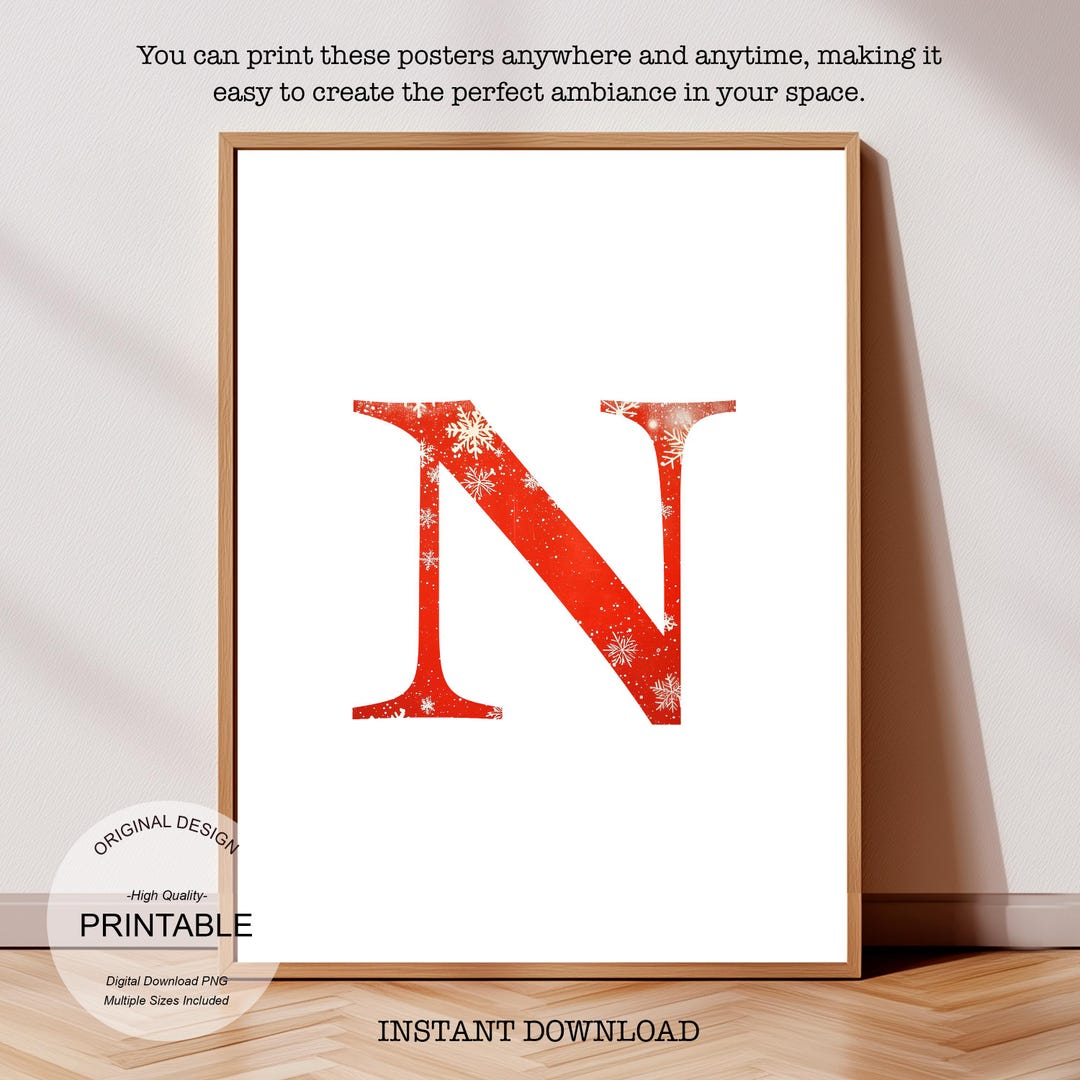 Christmas Initial Poster: Letter N Poster, Letter N Monogram and N Initial Print Decor Single ...