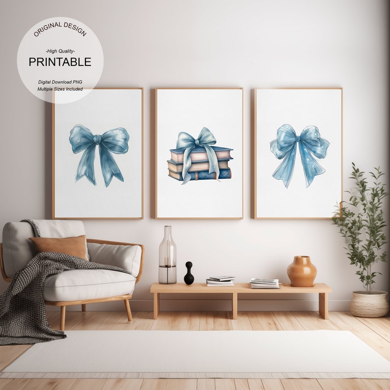 Blue Bows Watercolor Print Set: Ace Card, Preppy Coquette Decor ...