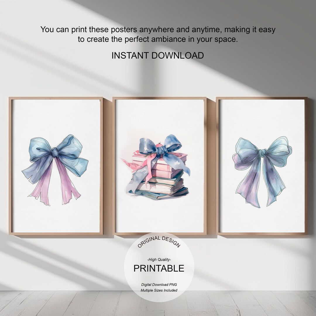 Set of 3 Prints Blue Preppy Bows Coquette Print Digital Download for ...