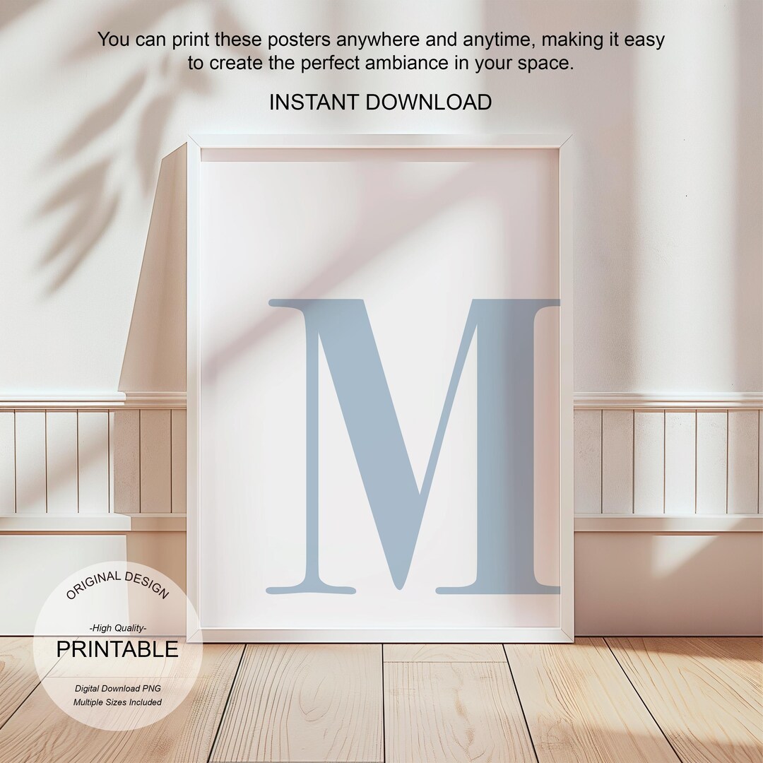 Blue Wall Art, Letter M Poster, Preppy Room Decor, M Initial Print Cute ...