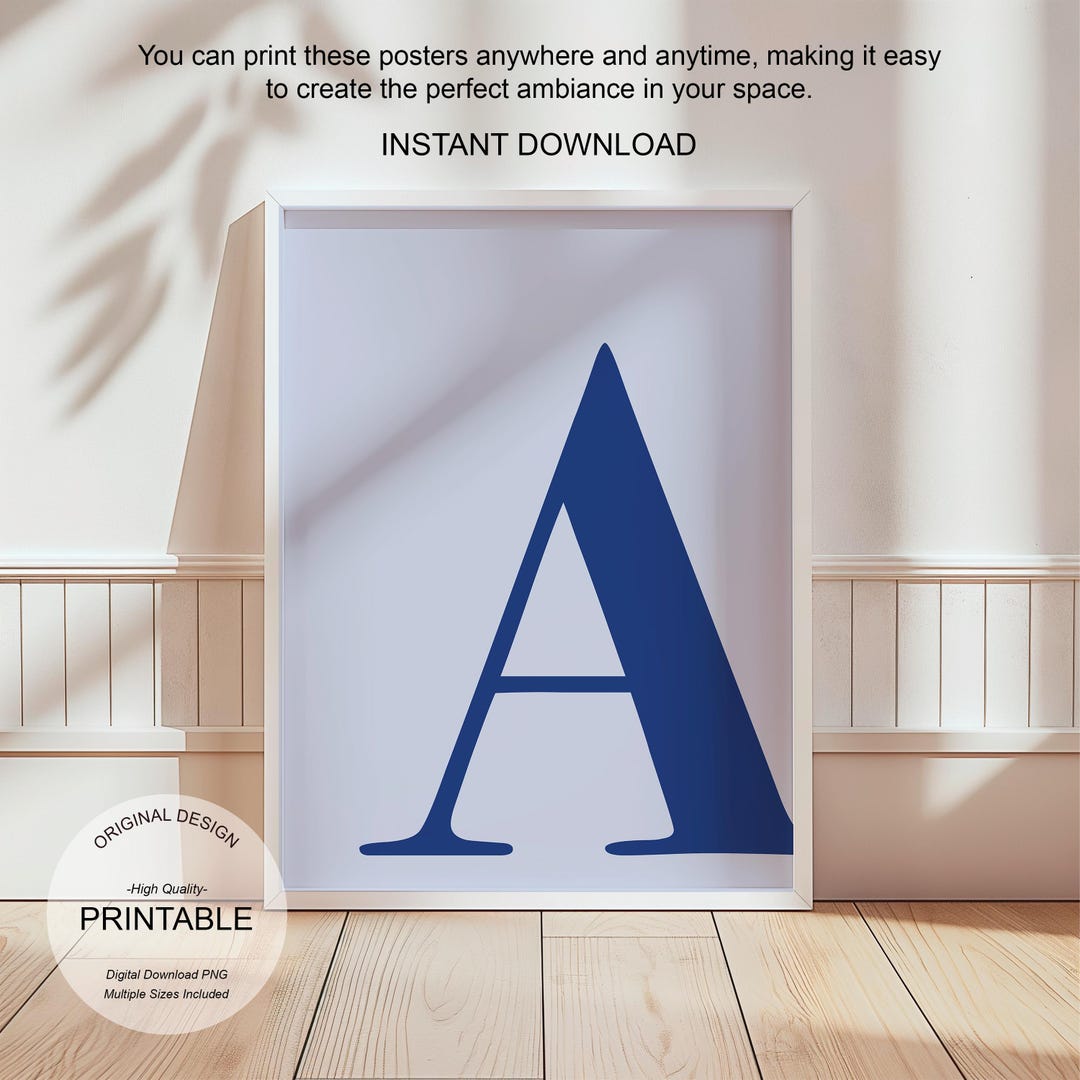 Blue Wall Art, Letter A Poster, Preppy Room Decor, A Initial Print Cute ...
