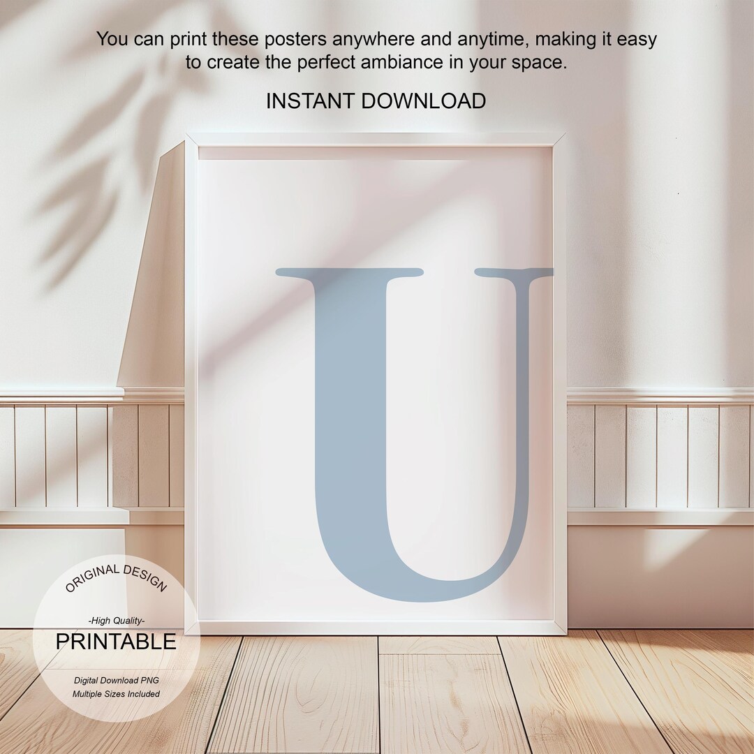 Blue Wall Art, Letter U Poster, Preppy Room Decor, U Initial Print Cute ...