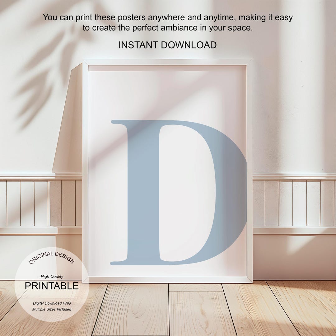 Blue Wall Art, Letter D Poster, Preppy Room Decor, D Initial Print Cute ...