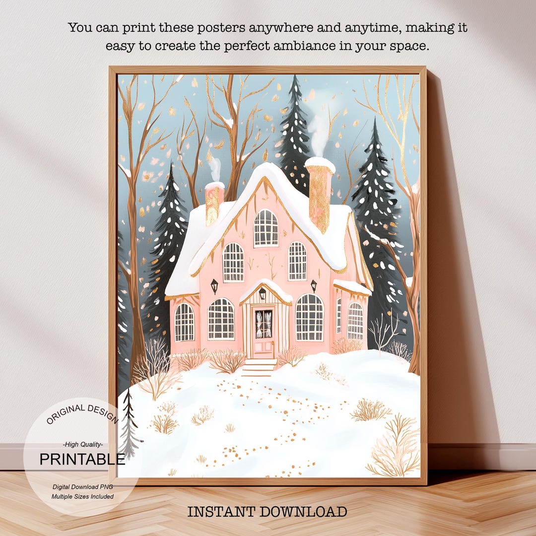 Pink Winter Christmas Village Art Print Digital Wall Art Holiday Poster ...