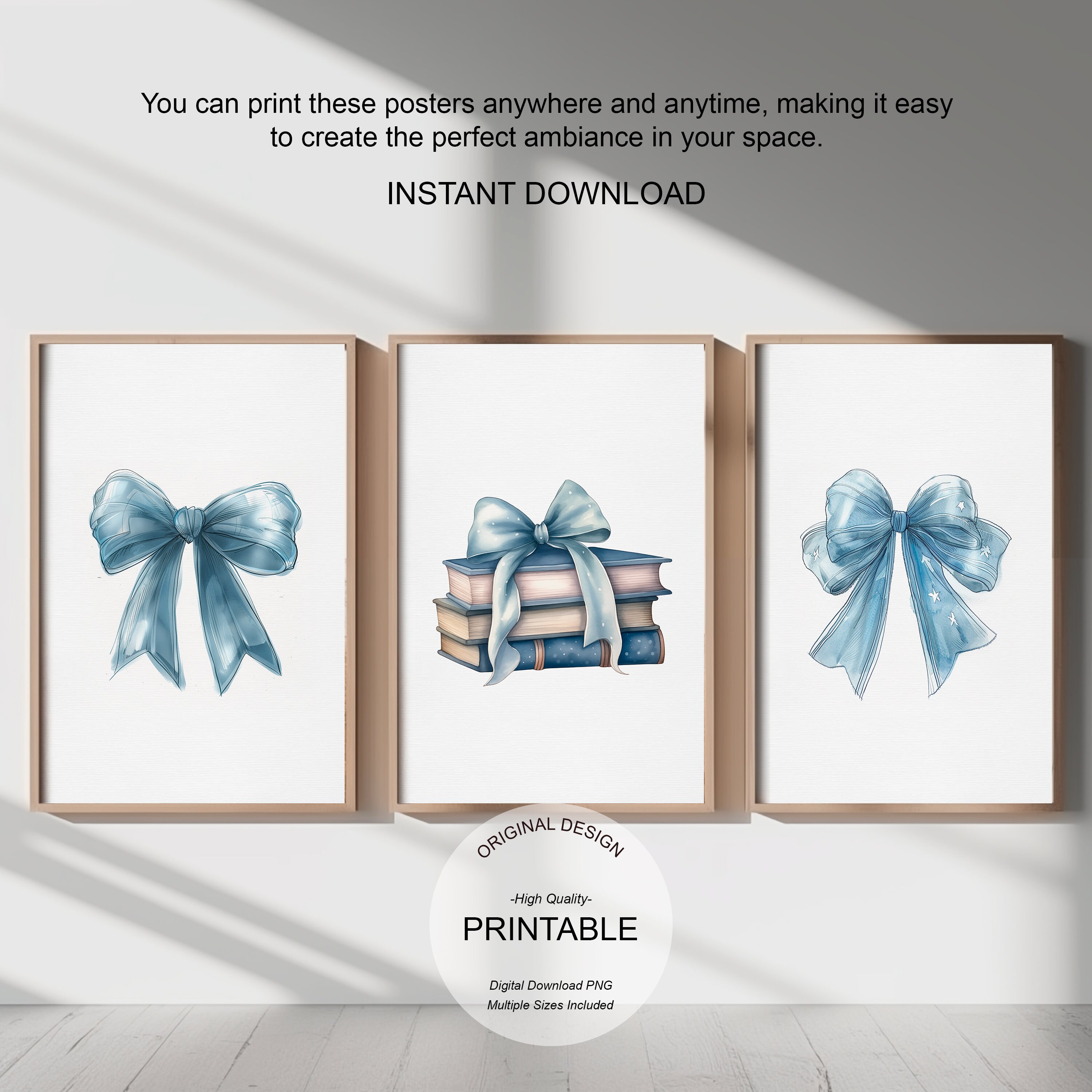 Blue Bows Watercolor Print Set: Ace Card, Preppy Coquette Decor ...