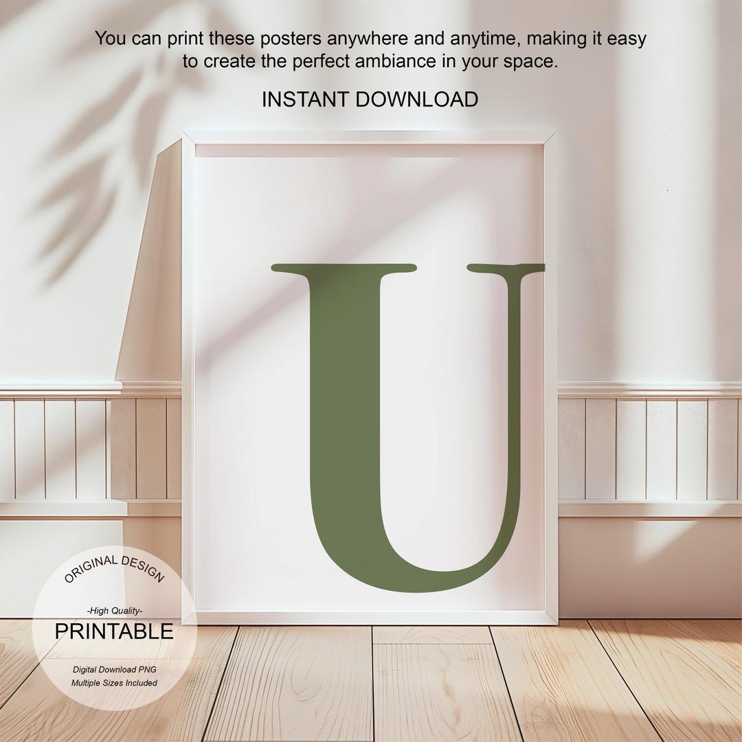 Green Wall Art, Letter U Poster, Preppy Room Decor, U Initial Print ...