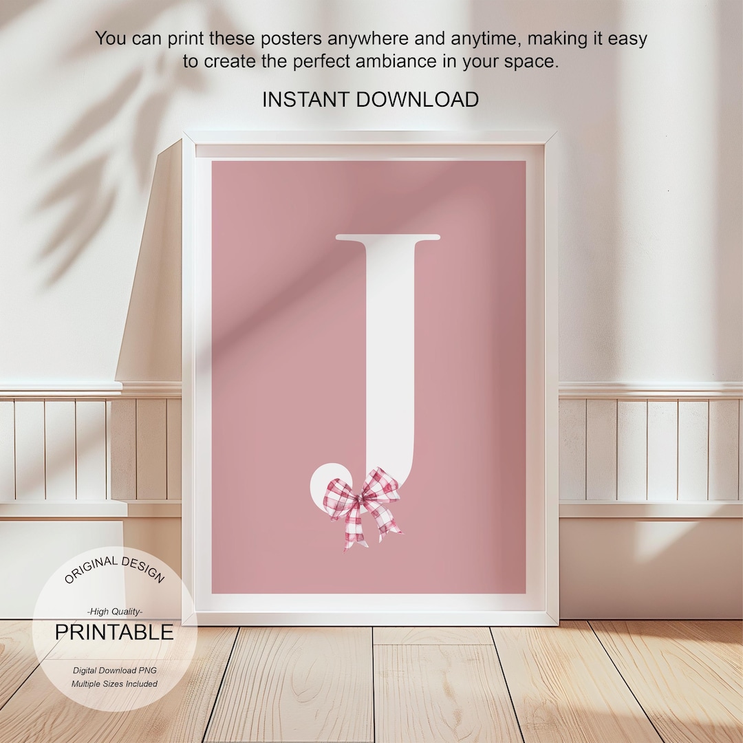 Pink Wall Art Letter J Poster Preppy Room Decor J Initial Print Cute ...