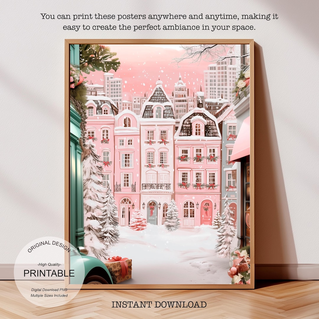 Pink Winter Christmas Village Art Print Digital Wall Art Holiday Poster ...