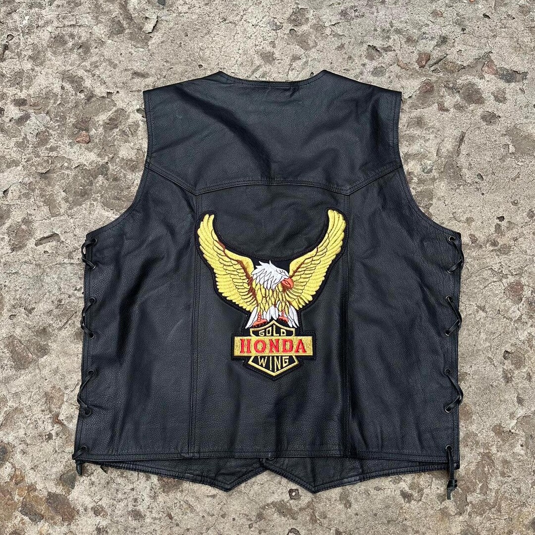 Vintage 1990s Honda Gold Wing Logo Black Leather Vest - Retro Moto ...