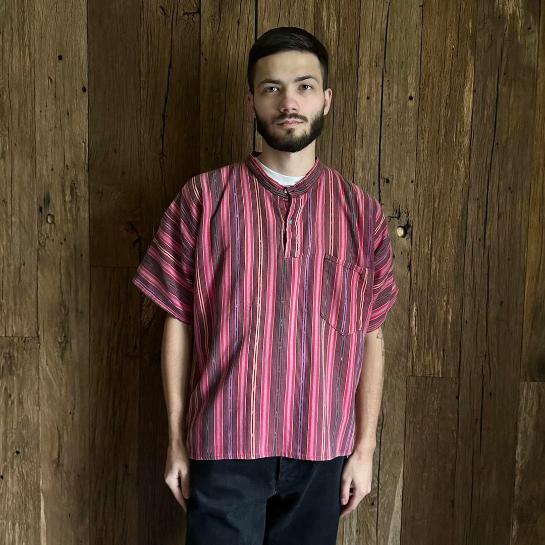 Men's 80s Vintage Indian Heavy Cotton Hippie Ethnic Striped Button ...