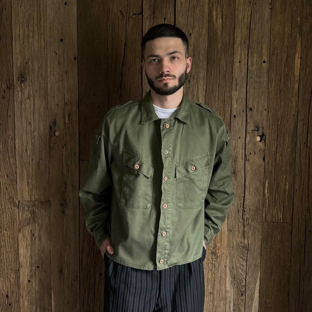 Men's Vintage 80s US Army Fatigue Military Button Shirt Jacket Slant Po ...