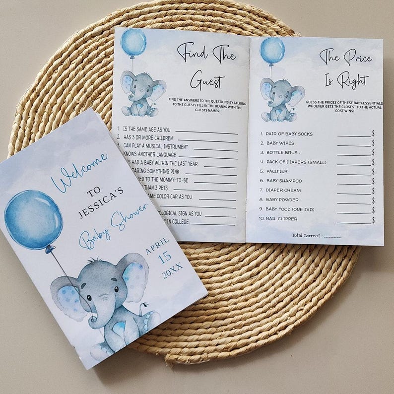 Elephant Baby Shower Game Booklet: Blue Balloon, It's A Boy - Etsy