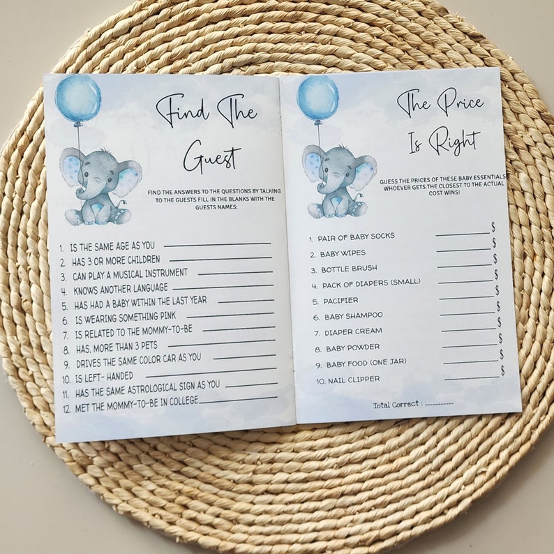 Elephant Baby Shower Game Booklet, Blue Balloon Elephant Baby Shower ...