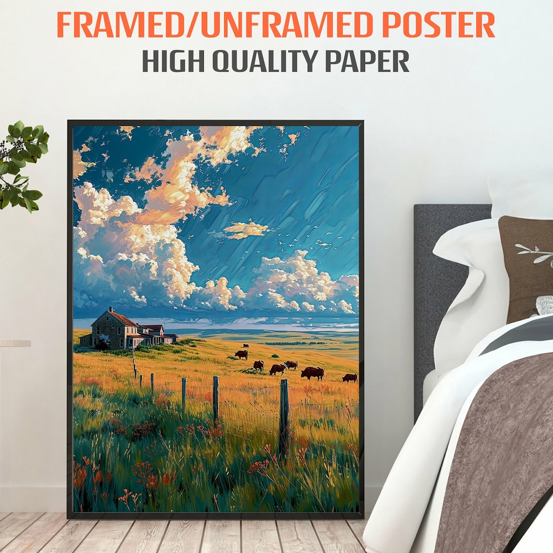 Rustic Homestead in a Field With Cattle Grazing Poster - Bulls and Cows ...
